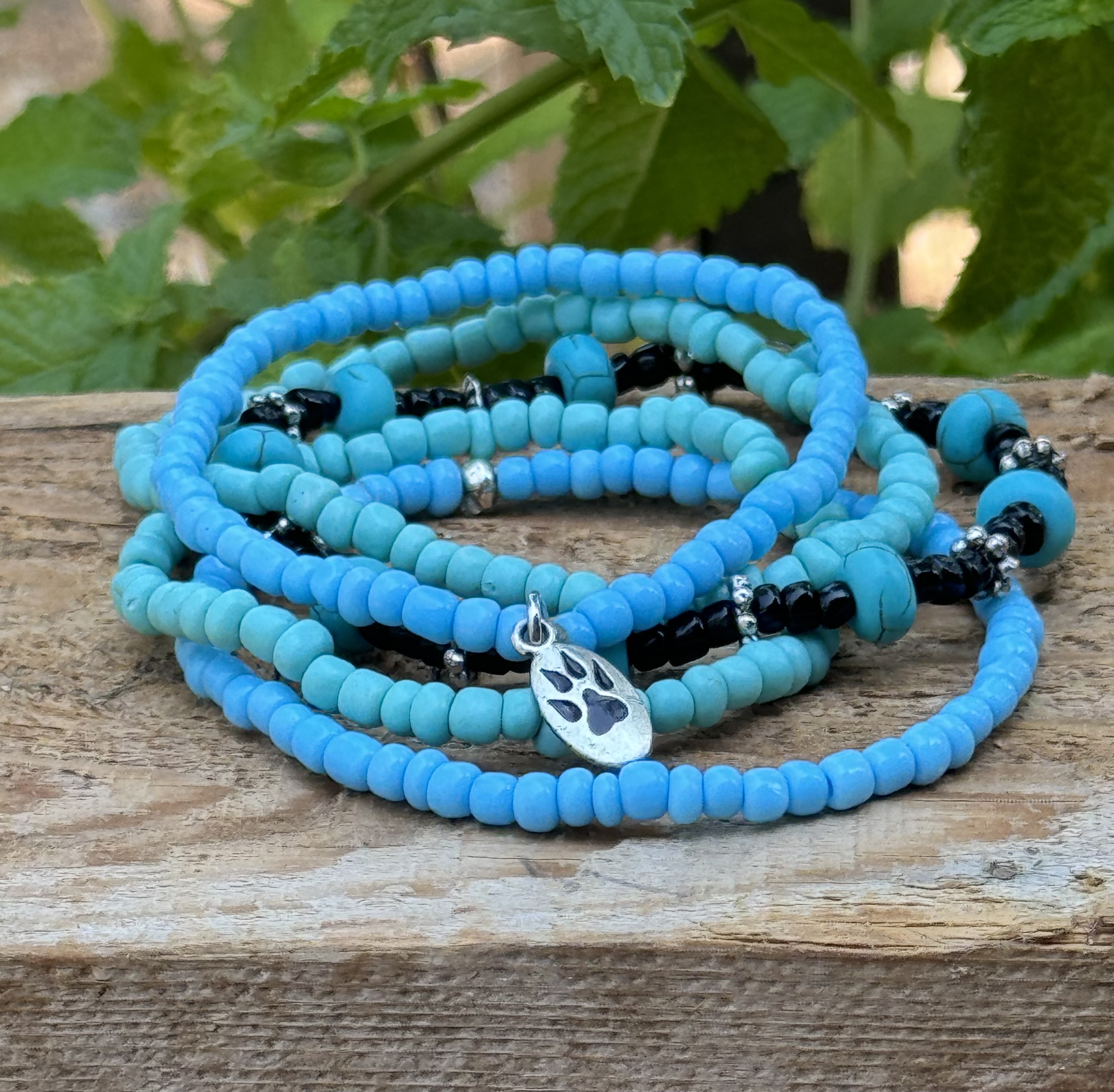 Stretchy Blue Seed Bead Rocaille Bear Paw Charm Stacked Bracelet
